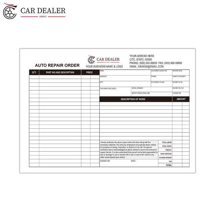 Customizable Car Repair Work Order Forms — Australia Cardealer-Direct